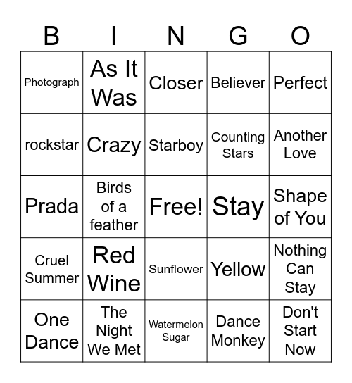 Music Playlist Bingo Card