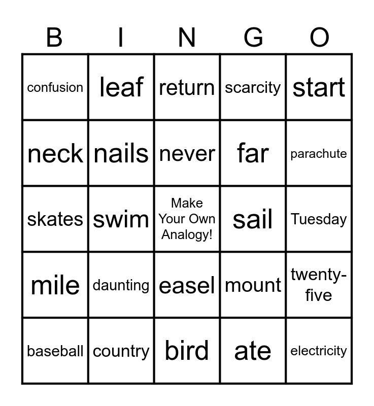 Analogies Bingo Card