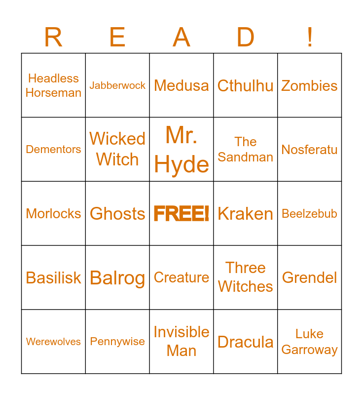 Literary Monster Mash Bingo Card