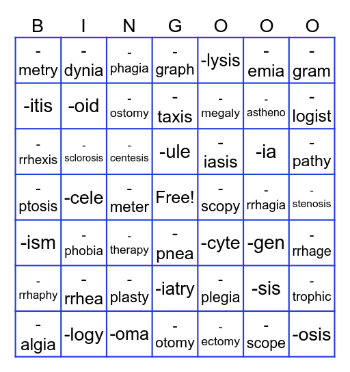 Prefixes Bingo Card