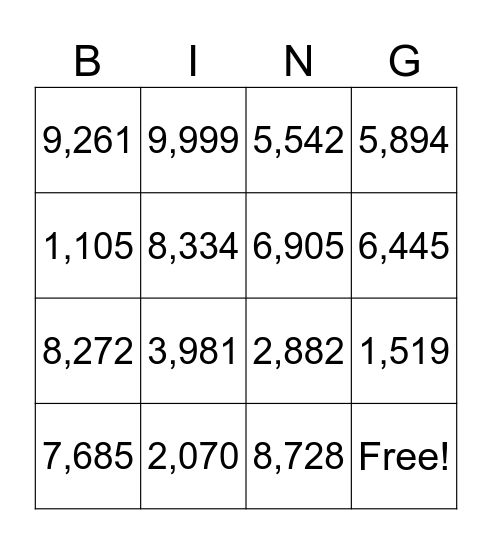 Place Value Bingo Card