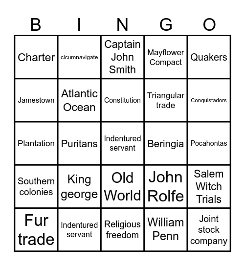13 Colonies Bingo Card