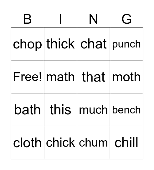 Digraph Ch and Th Bingo Card
