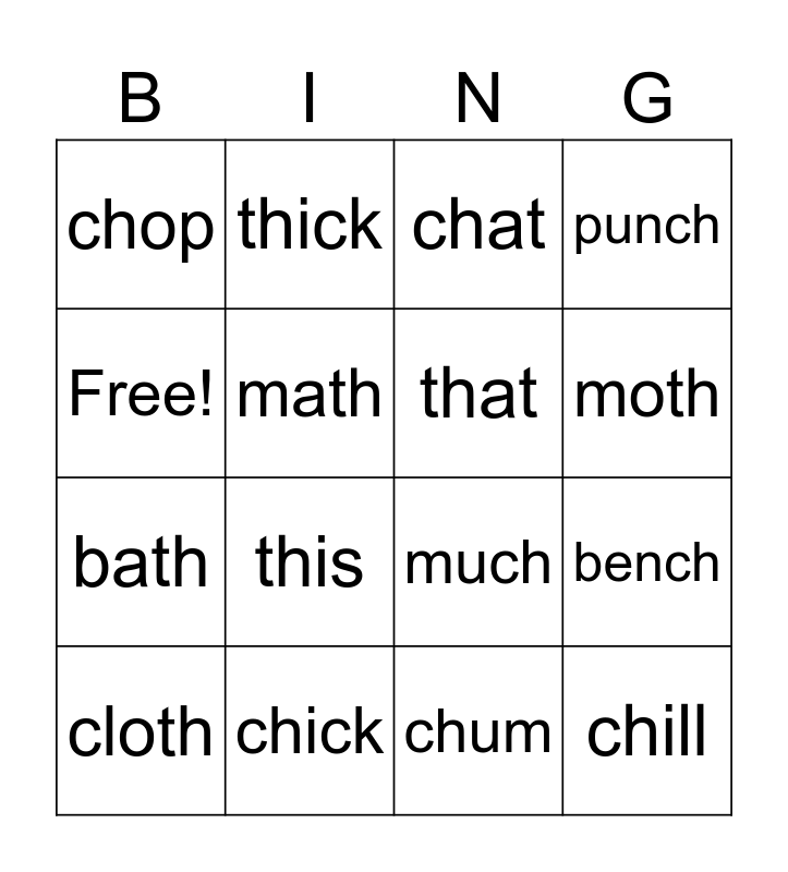 Digraph Ch and Th Bingo Card