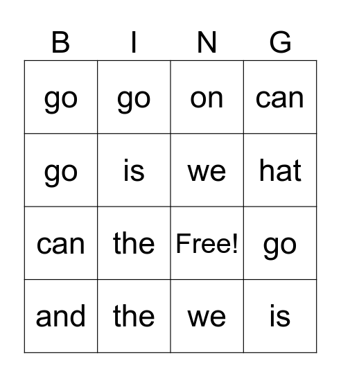 Sight Words Bingo Card
