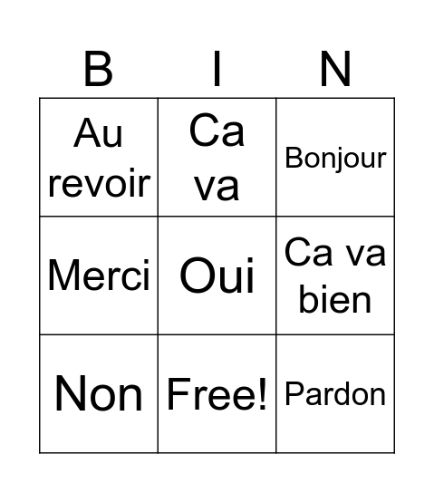 French Greetings Bingo Card