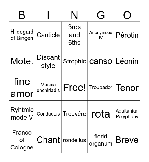 Medieval Music History Bingo Card