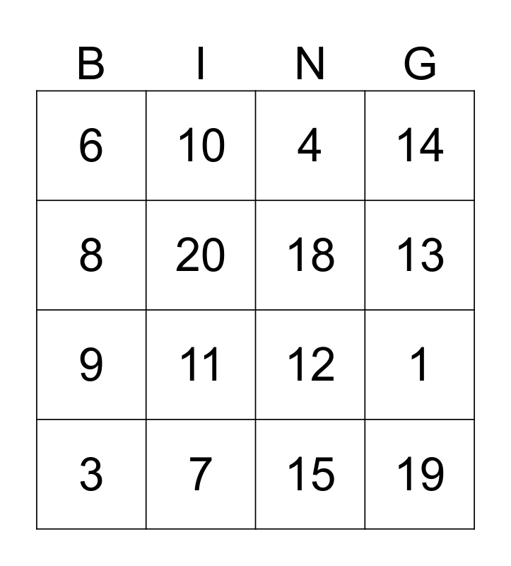 Bingo numbers Bingo Card