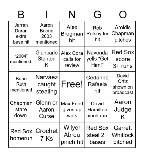 Red Sox vs Yankees Wild Card Bingo Card