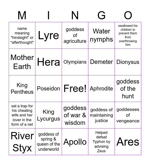 Greek Mythology Bingo (MINGO) ch. 1-18 Bingo Card