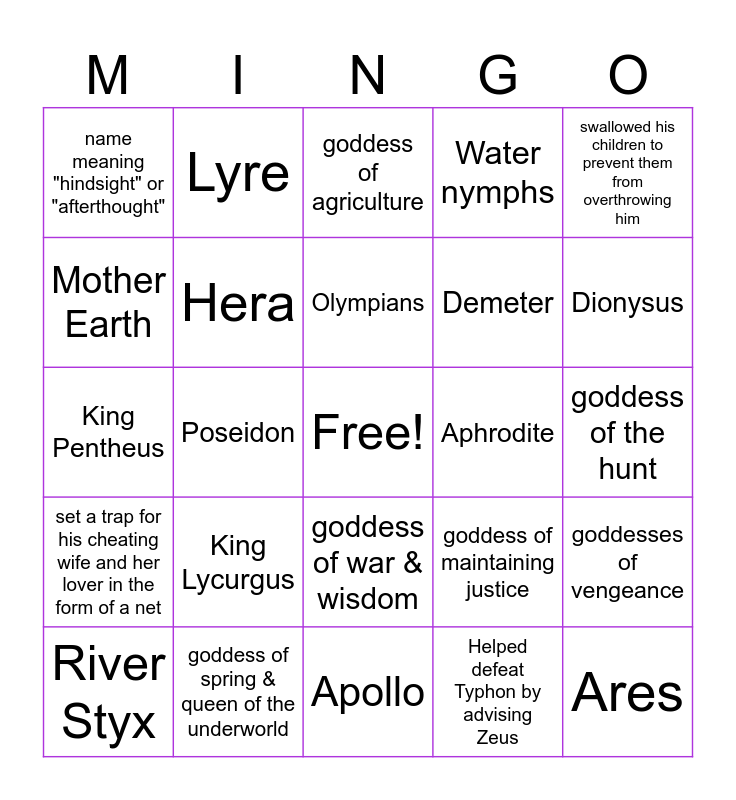 Greek Mythology Bingo (MINGO) ch. 1-18 Bingo Card