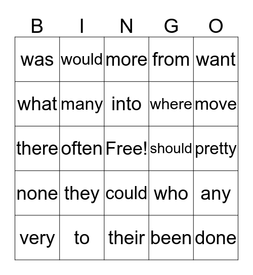 Wilson High Frequency Words Bingo Card