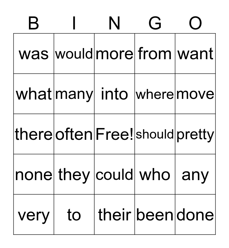 Wilson High Frequency Words Bingo Card