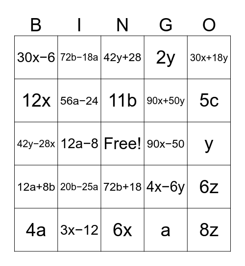 Simplifying Expressions BINGO Card