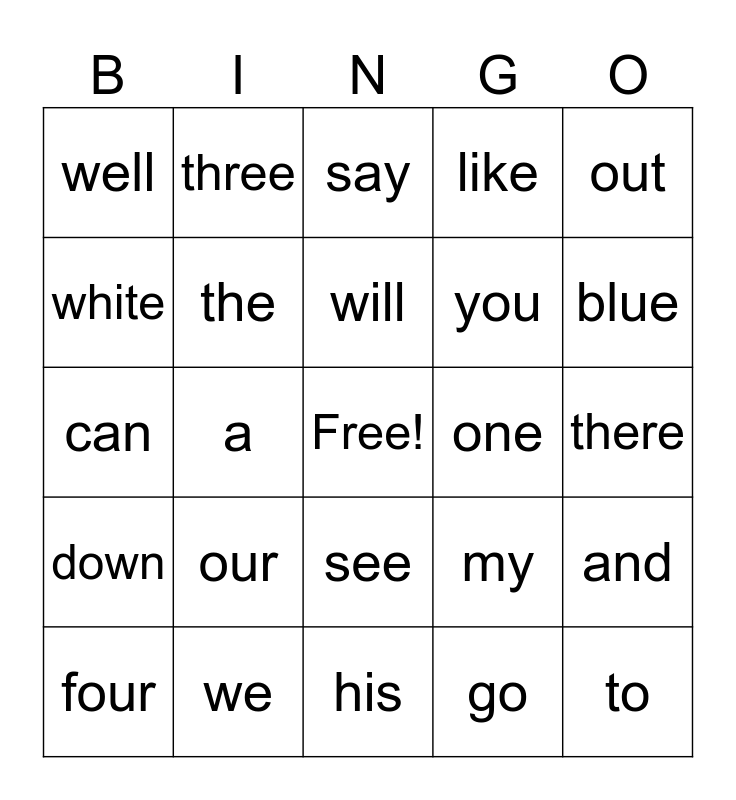 Site Word Bingo Card