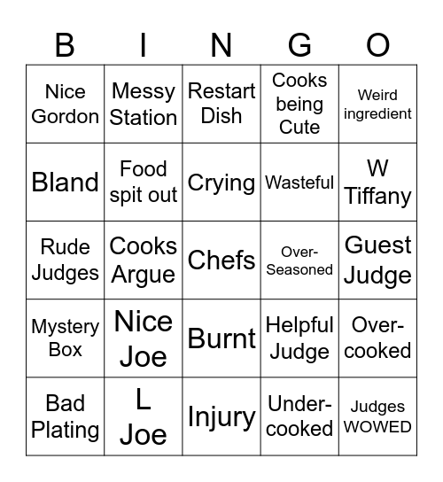 Master Chef Bingo Card