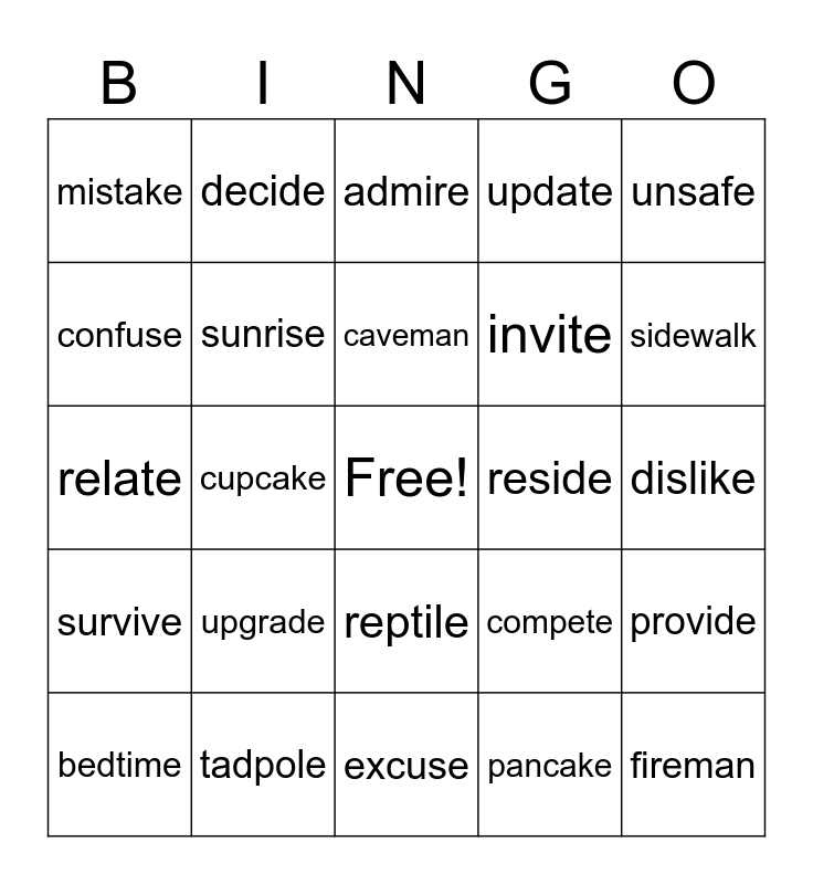 Final e Syllables Bingo Card