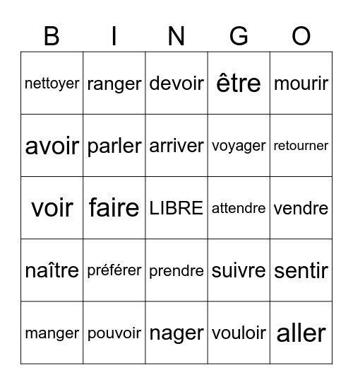 Le passé composé - participe passés Bingo Card