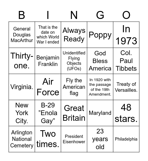 Veteran's Day Bingo Card