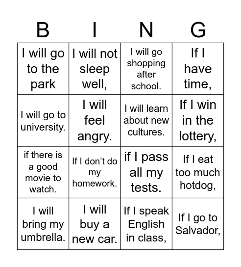 First Conditional Bingo Card