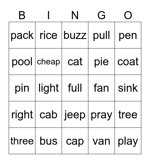 Minimal Pairs Bingo Card