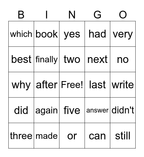 October Sight Words Bingo Card