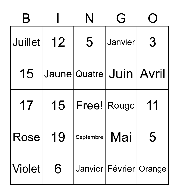 Le Français Bingo Card