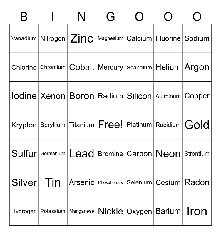 Element Quiz Bingo Card