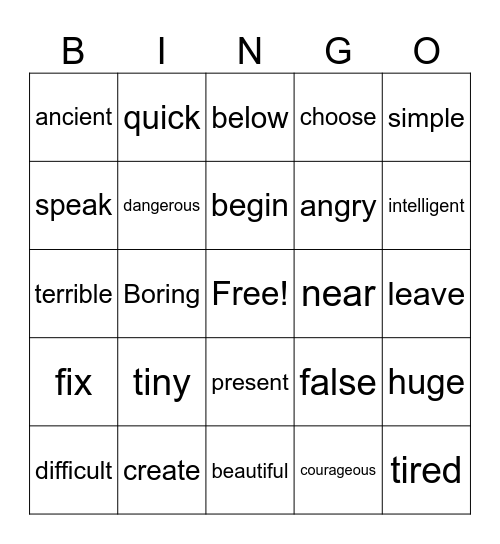 Synonyms Bingo Card Synonyms Bingo Card