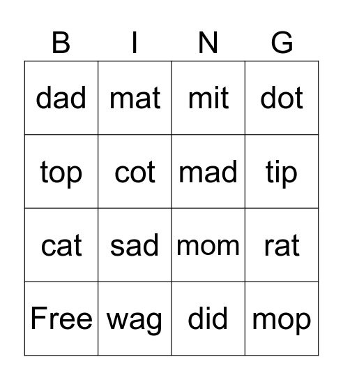 cvc words Bingo Card