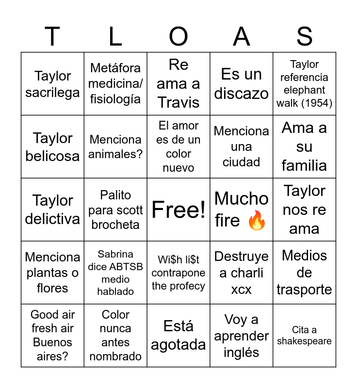 Showgirl Bingo Card