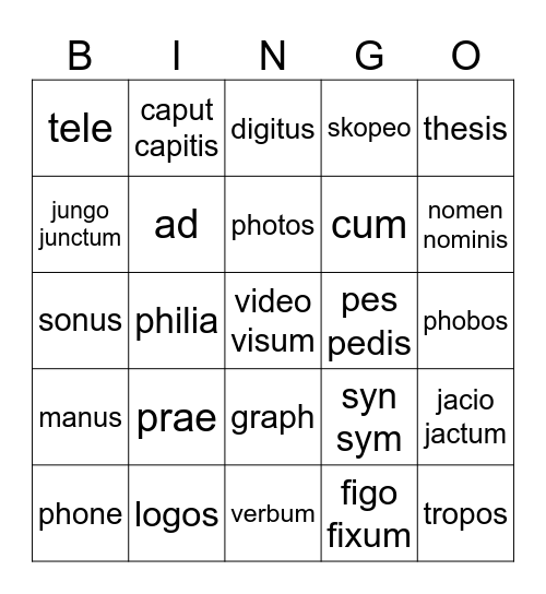 Greek and Latin Roots Bingo Card