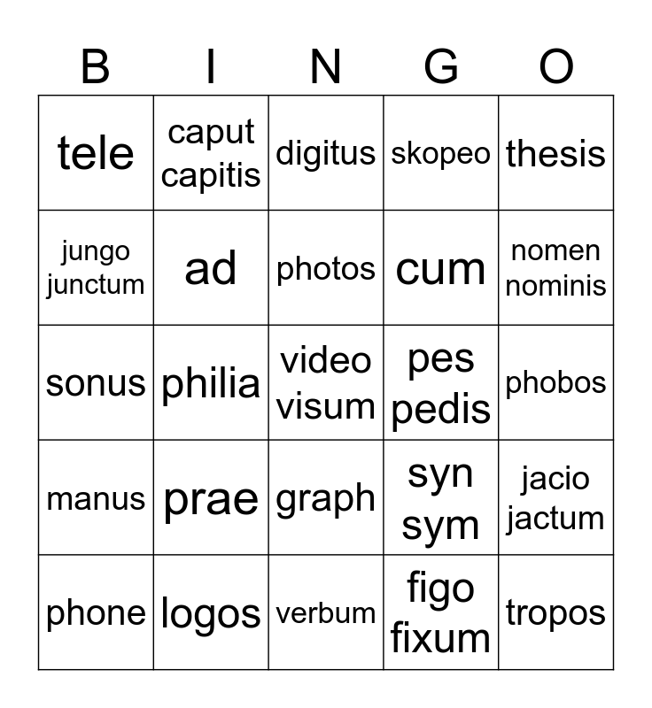 Greek and Latin Roots Bingo Card
