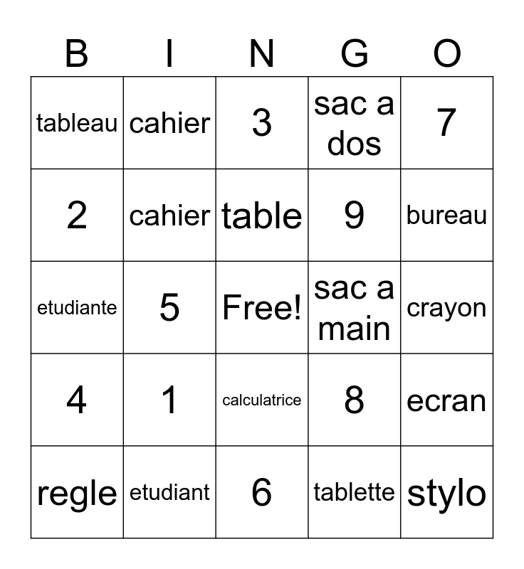 objets dans la salle de classe Bingo Card