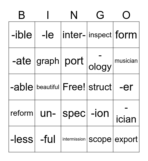 Kam's Morphology BINGO Card