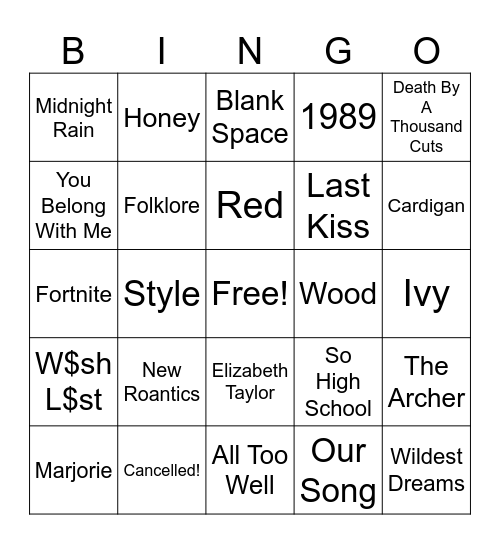 TAYLOR SWIFT BINGO Card