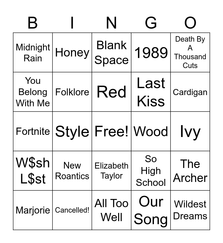 TAYLOR SWIFT BINGO Card