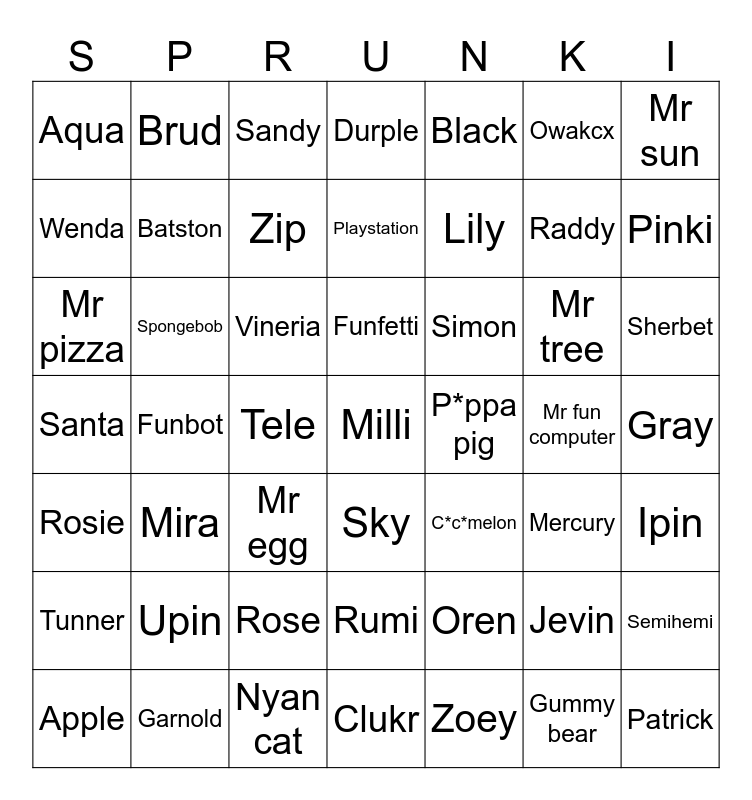 Sprunki bingo Card