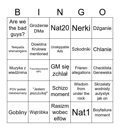 Dziko w chuj Bingo Card
