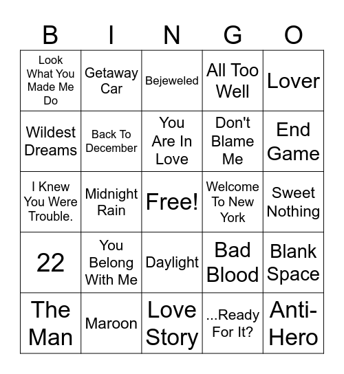 Taylor Swift Bingo Card