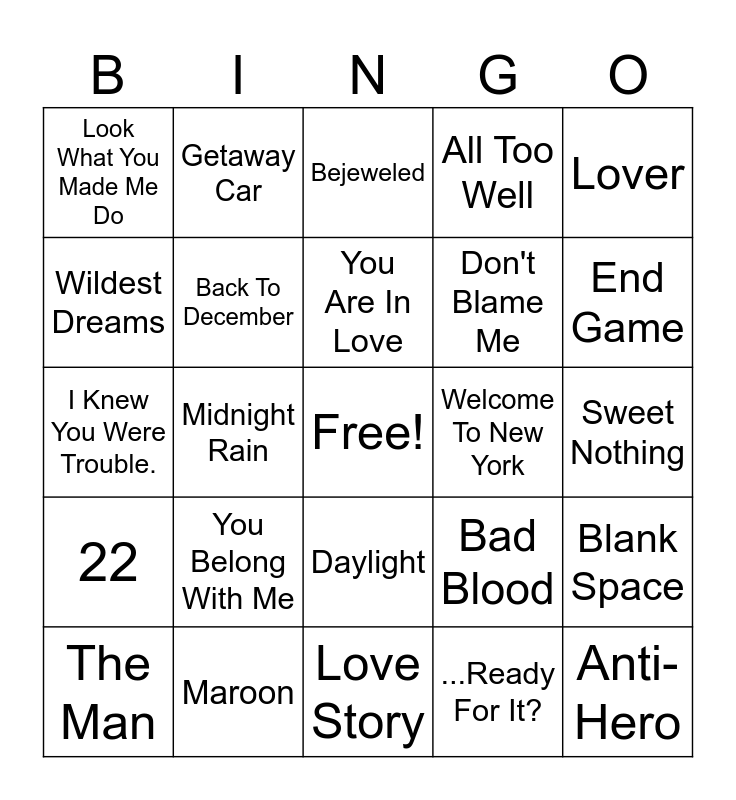 Taylor Swift Bingo Card