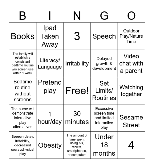 Screen Free Zone Bingo Card