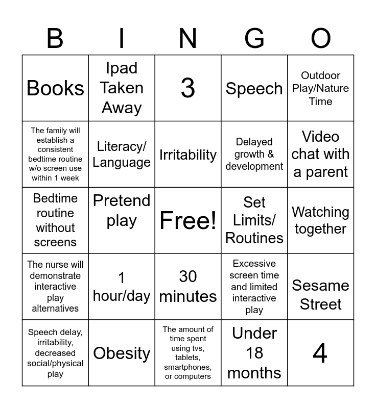 Screen Free Zone Bingo Card