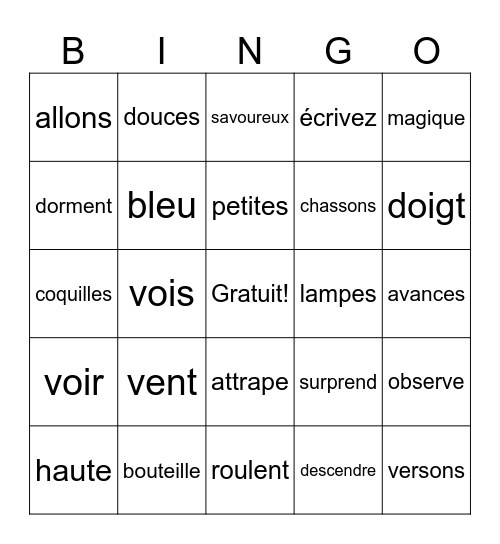 Bingo des classes de mots (noms, verbes, adj.) Bingo Card