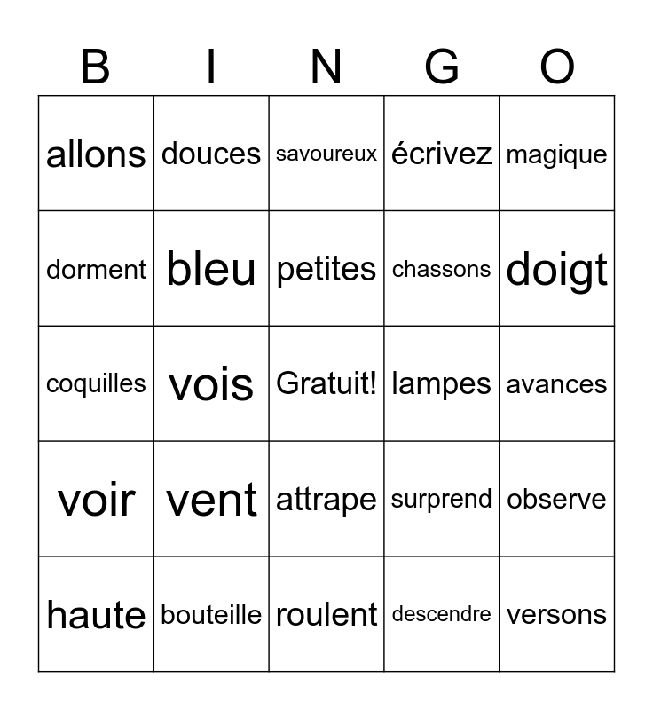 Bingo des classes de mots (noms, verbes, adj.) Bingo Card