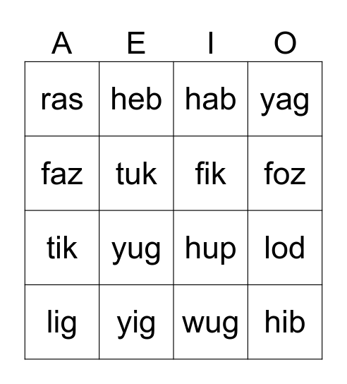 Nonsense Word Bingo CVC Pattern Bingo Card