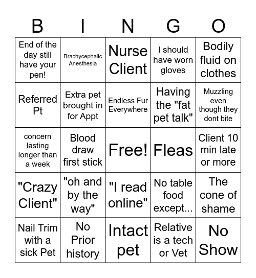 Vet Tech Bingo! Bingo Card
