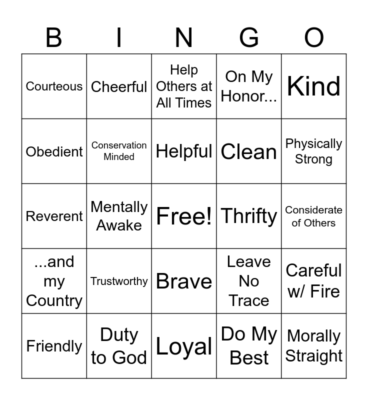 Arrow of Light Bingo Card