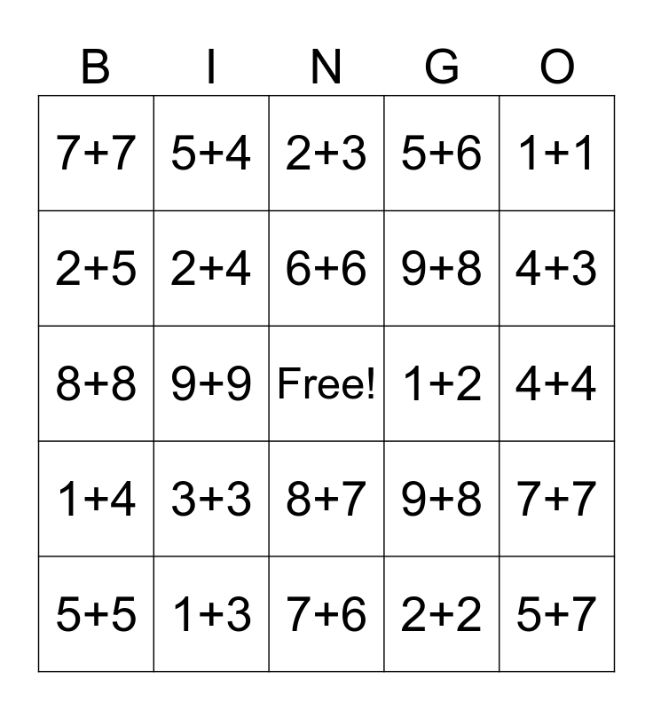 Doubles and Near Doubles Bingo Card