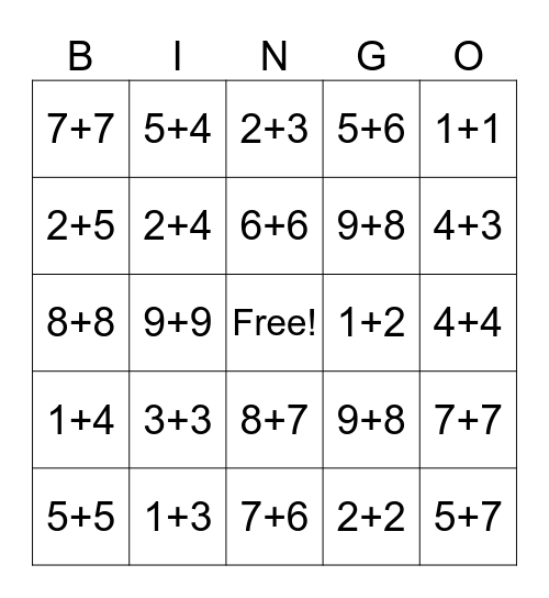 Doubles and Near Doubles Bingo Card